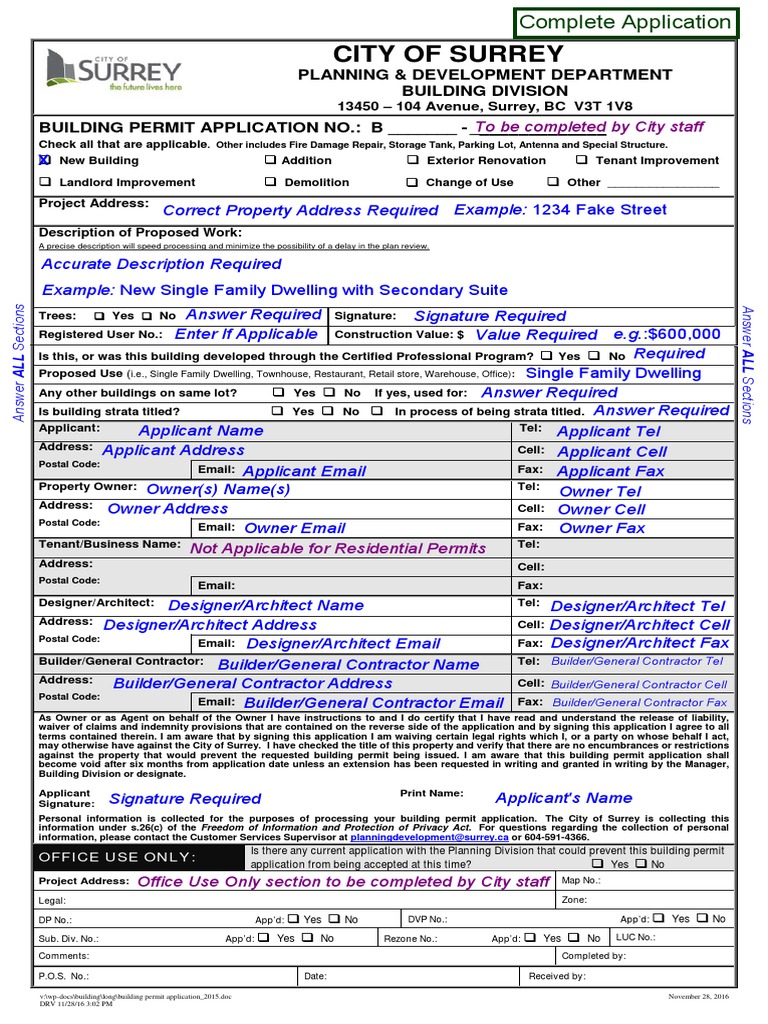 City of Surrey: To Be Completed by City Staff | Download Free PDF ...
