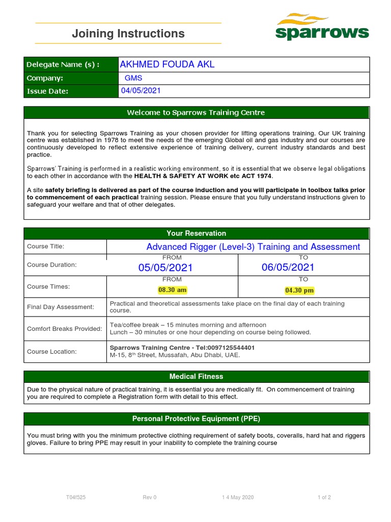 Joining Instruction - Rigger Level-3 Training | PDF | Course Evaluation ...