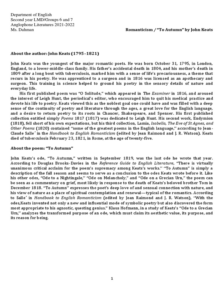 To Autumn POEM by John Keats | PDF | John Keats | Poetry