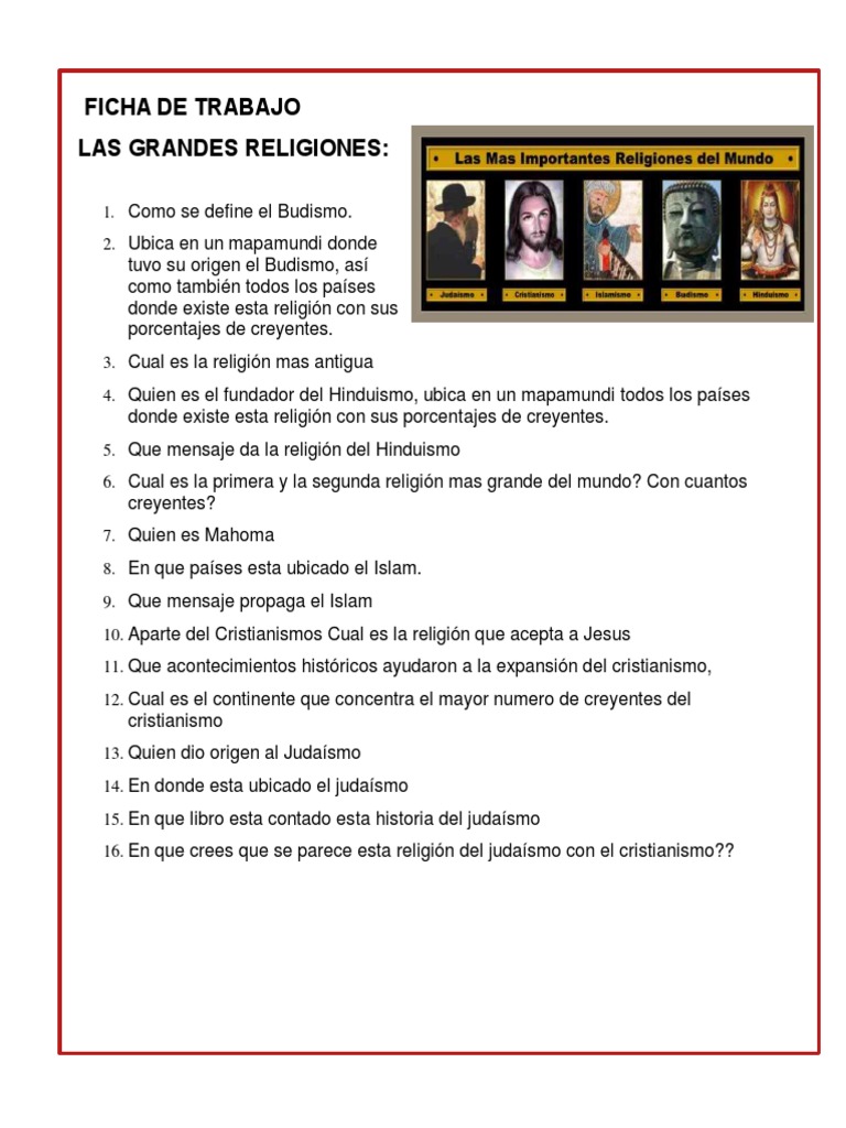 Hojas De Trabajo Sobre Religiones Del Mundo Para Saber Más: Las