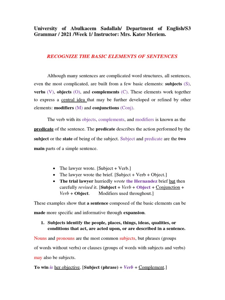 The Basic Elements of A Sentence | PDF | Verb | Subject (Grammar)