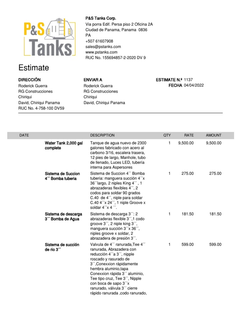 Cotizaci N 1137 de PS Tanks Corp | PDF | Bomba | Equipo
