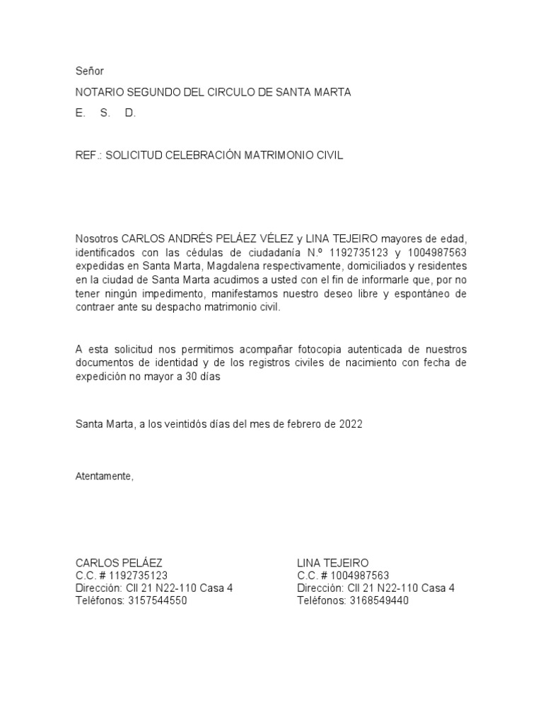 Solicitud Matrimonio Civil Ante Notario | PDF
