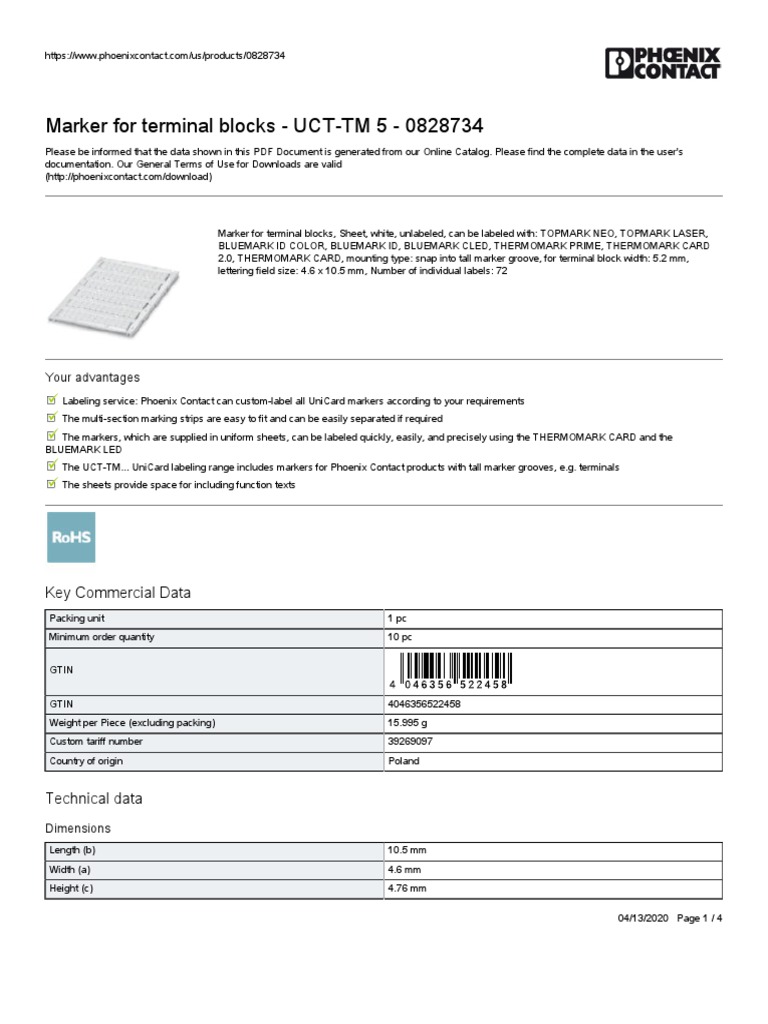 Marker For Terminal Blocks - UCT-TM 5 - 0828734 | PDF
