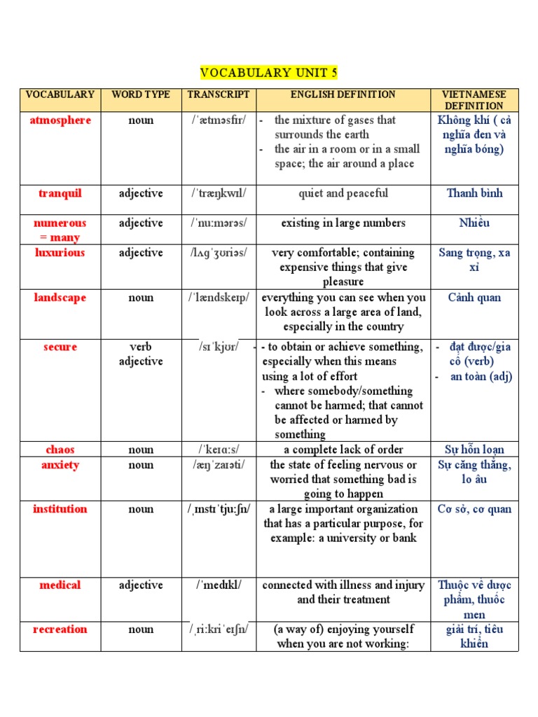 Vocabulary Unit 5 | PDF