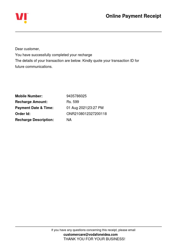 Online Payment Receipt: Mobile Number: Recharge Amount: Payment Date ...