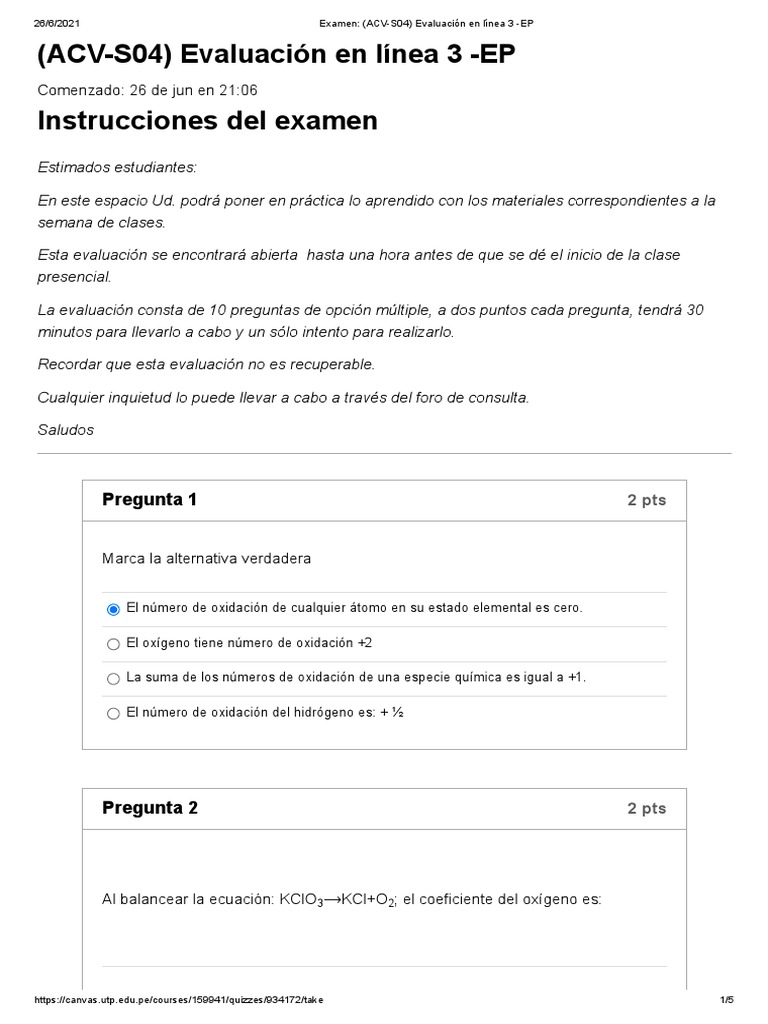 Examen (ACV-S04) Evaluación en Línea 3 - EP | PDF | Redox | Química
