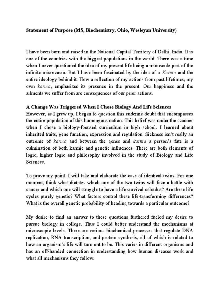 Statement of Purpose (MS, Biochemistry, Ohio, Wesleyan University ...