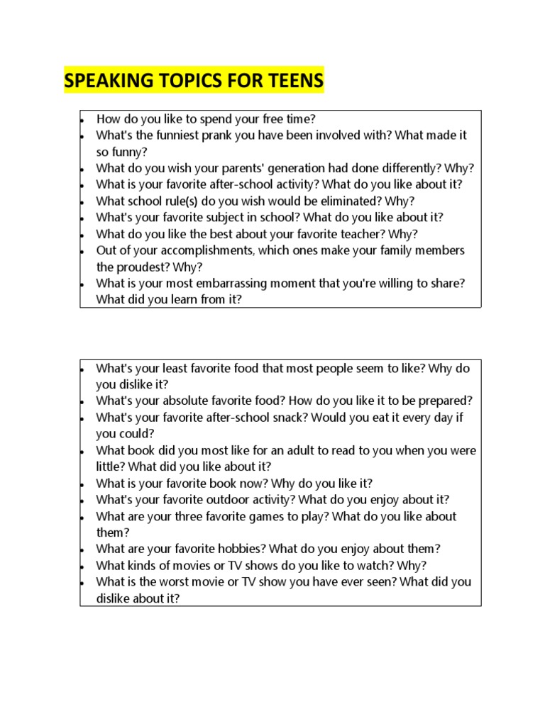 Speaking Topics For Teens | PDF