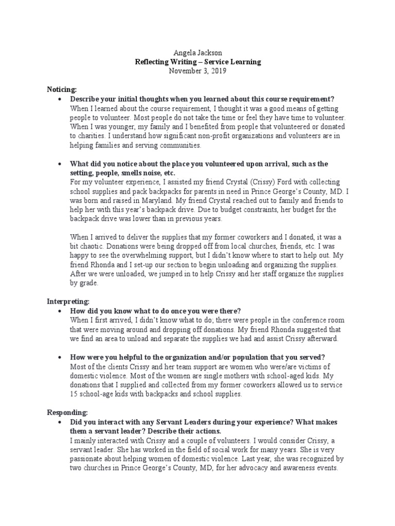 Service Learning Reflection - Angela Jackson | PDF