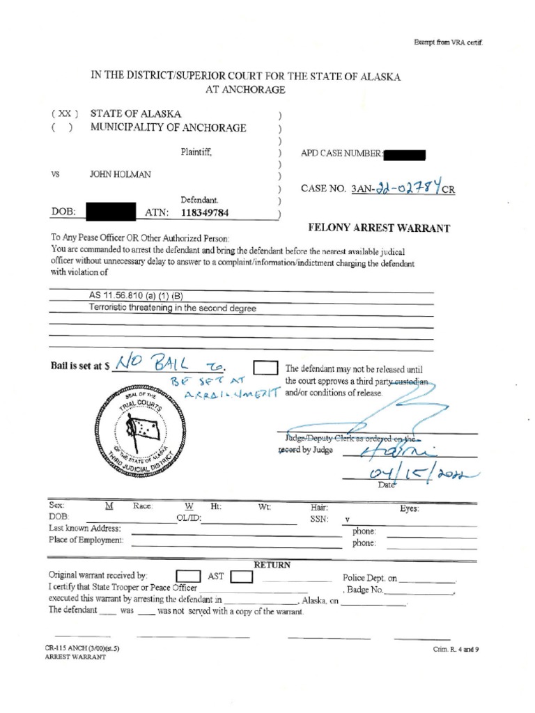 Arrest Warrant and Complaint - Holman - Redacted | PDF