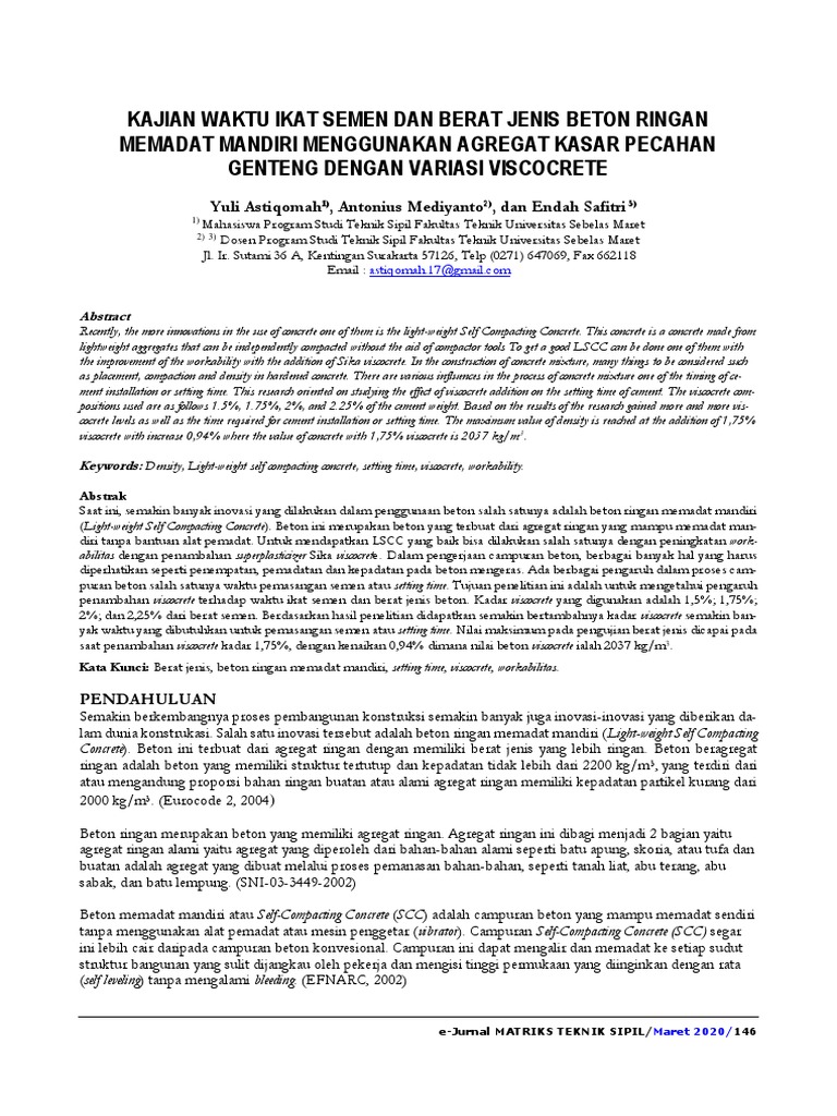 Kajian Waktu Ikat Semen Dan Berat Jenis Beton Ringan Memadat Mandiri ...