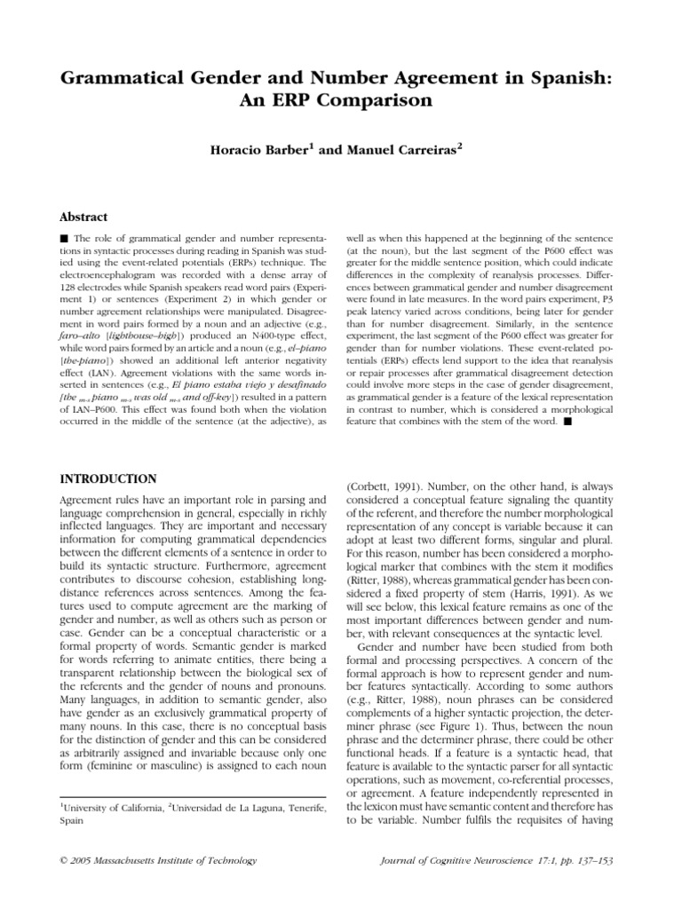 ERP Study of Gender and Number in Spanish | PDF | Grammatical Gender ...