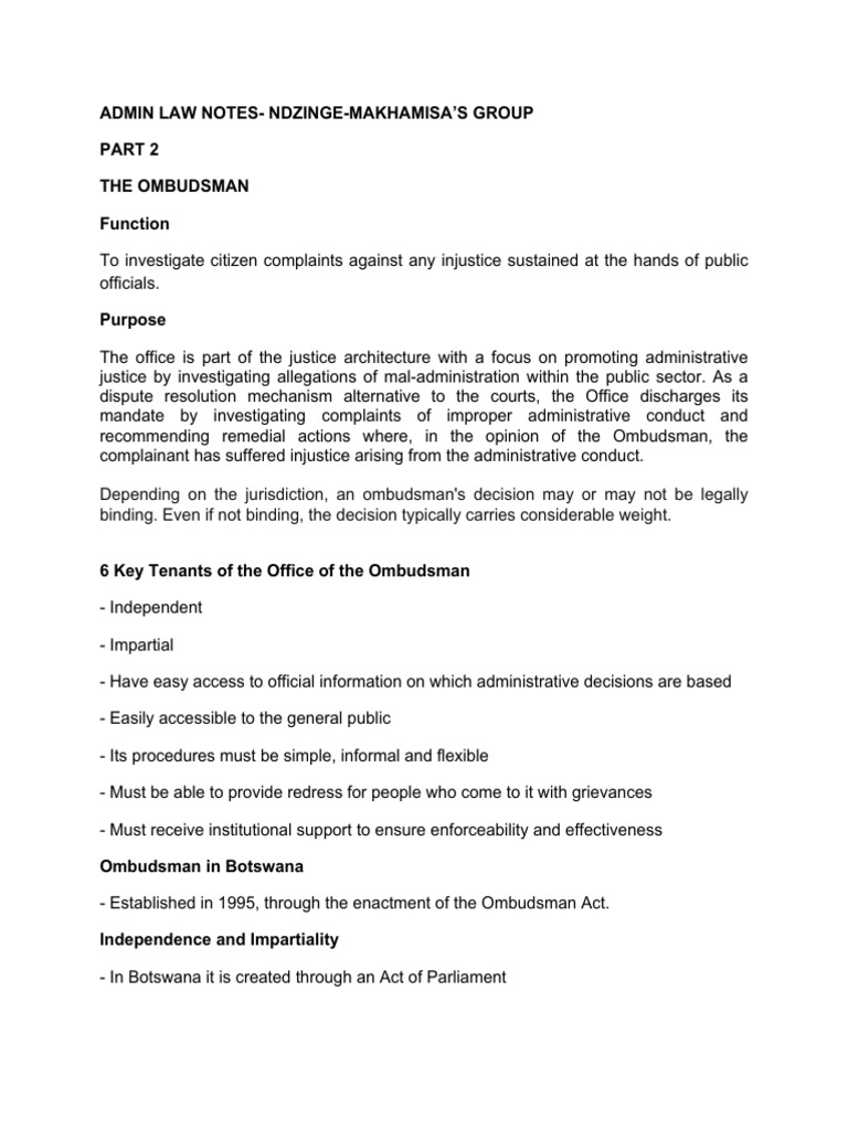 Admin Law Notes-Ndzinge-Makhamisa'S Group The Ombudsman Function | PDF ...