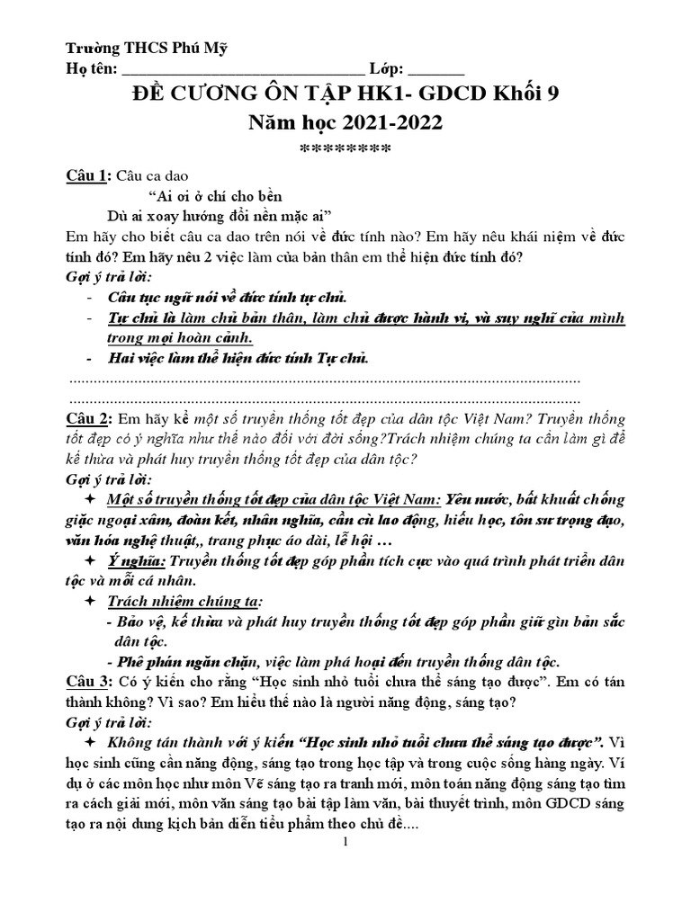 PM k9 de Cuong GDCD Hk1. 21-22 | PDF