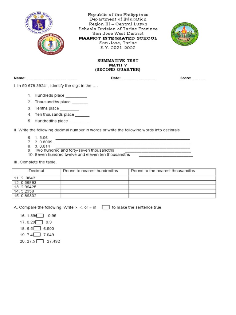 ST - Math 5 - Q2 | PDF | Arithmetic | Mathematics