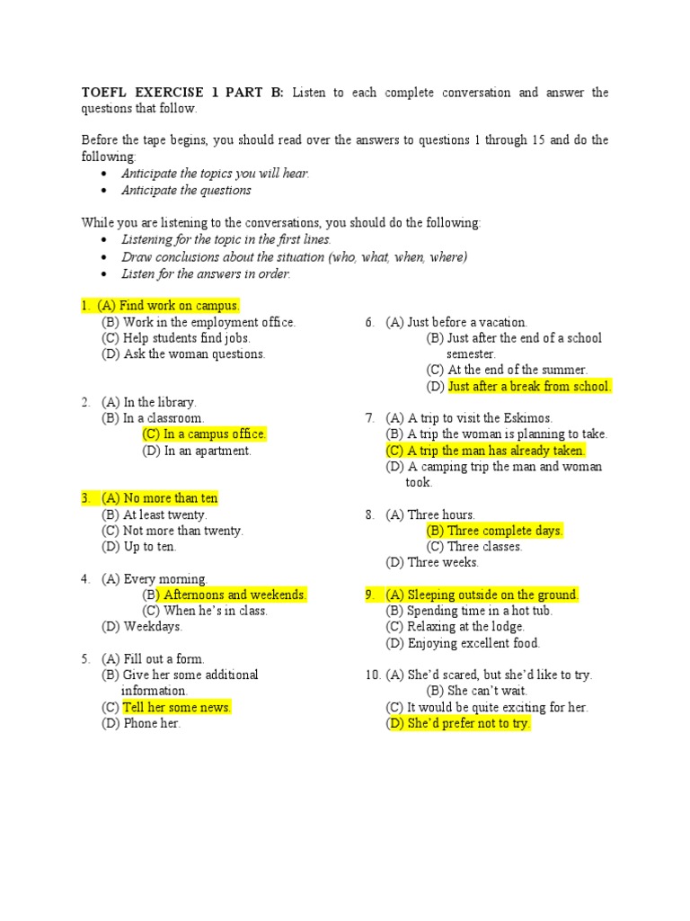 TOEFL EXERCISE 1 PART B: Listen To Each Complete Conversation and ...