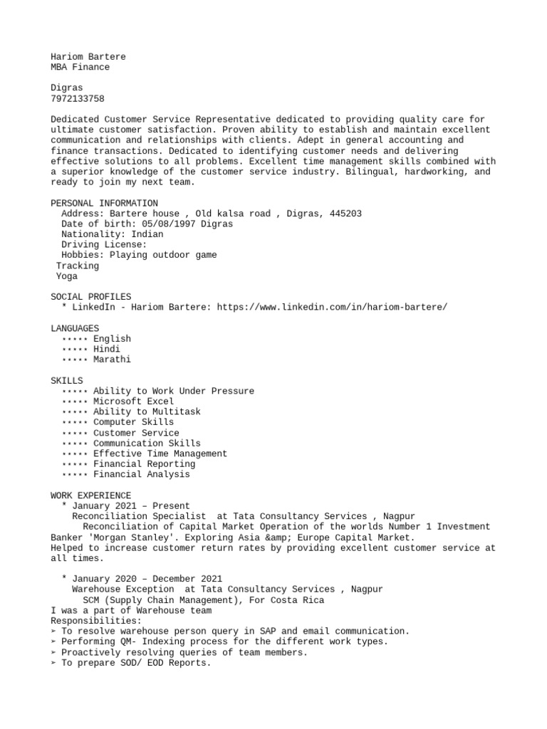 Hariom Bartere - Resume - MBA Finance | PDF | Customer | Supply Chain ...