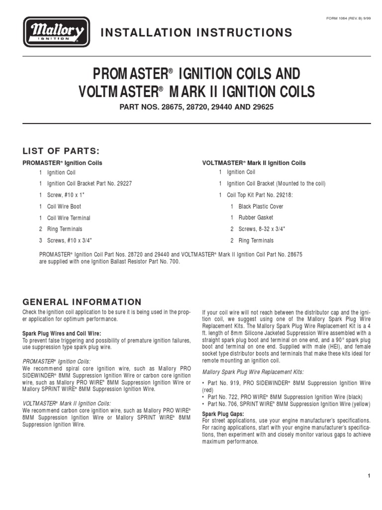 Mallory Instructions Volt Master Mark II 2 Ignition Coil 28675 28720 ...