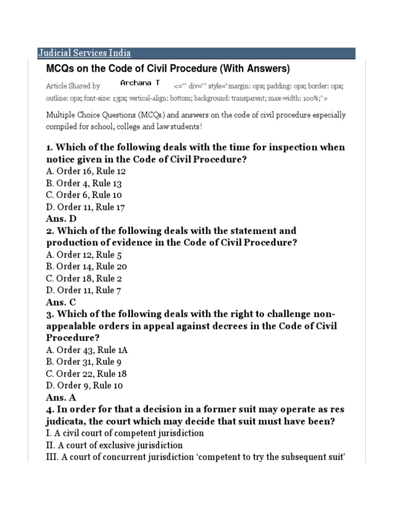 Mcqs On The Code of Civil Procedure (With Answers) : Judicial Services India | Download Free PDF ...