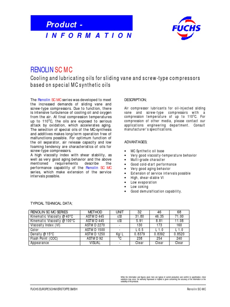 Fuchs Renolin SC-MC Compressor Oils | PDF | Viscosity | Materials