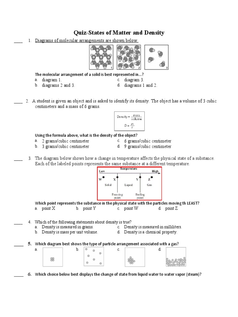 States of Matter Density Quiz | PDF | Density | Gases