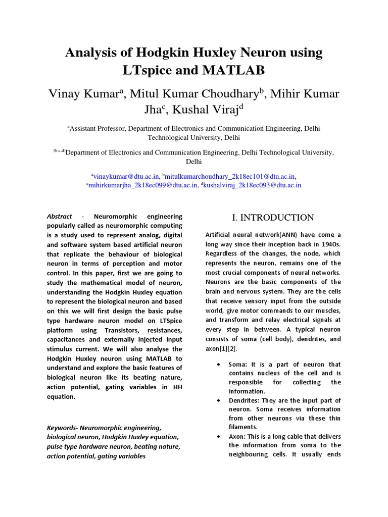 Analysis of Hodgkin Huxley Neuron Using Ltspice and Matlab | PDF ...