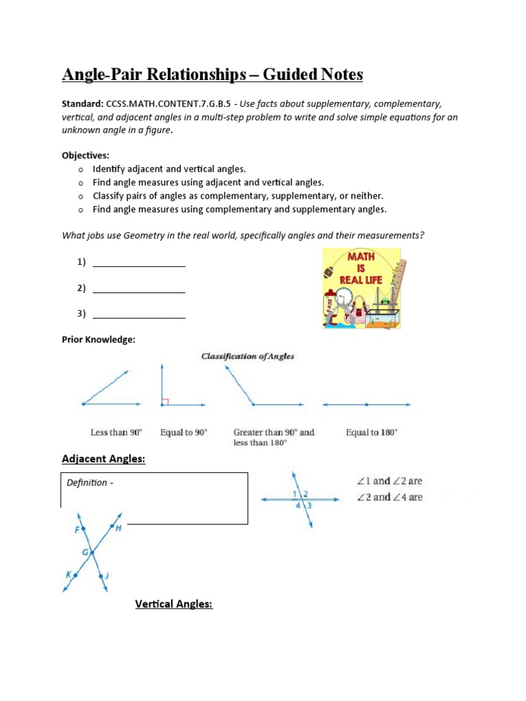 Angle-Pair Relationship Guided Notes | PDF | Teaching Methods & Materials