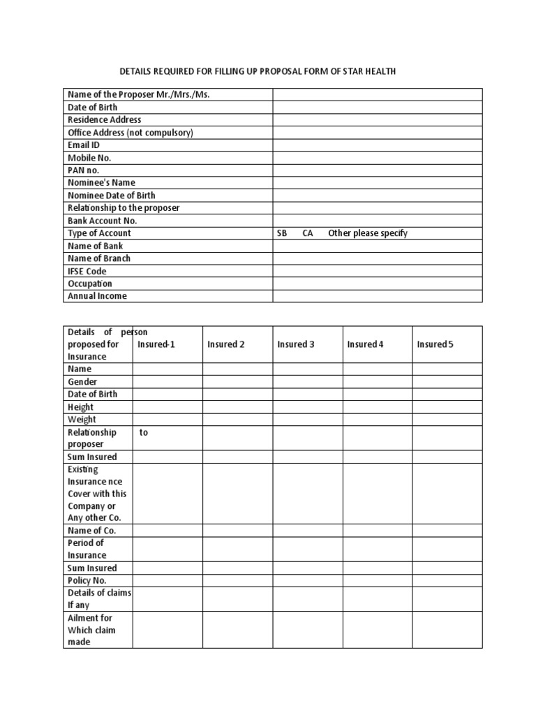 Details Required For Filling Up Proposal Form of Star Health 97-2003 ...