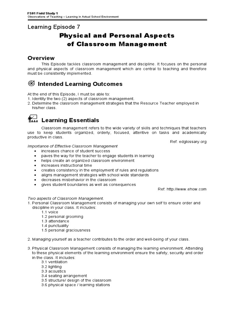 Physical and Personal Aspects of Classroom Management: Learning Episode ...