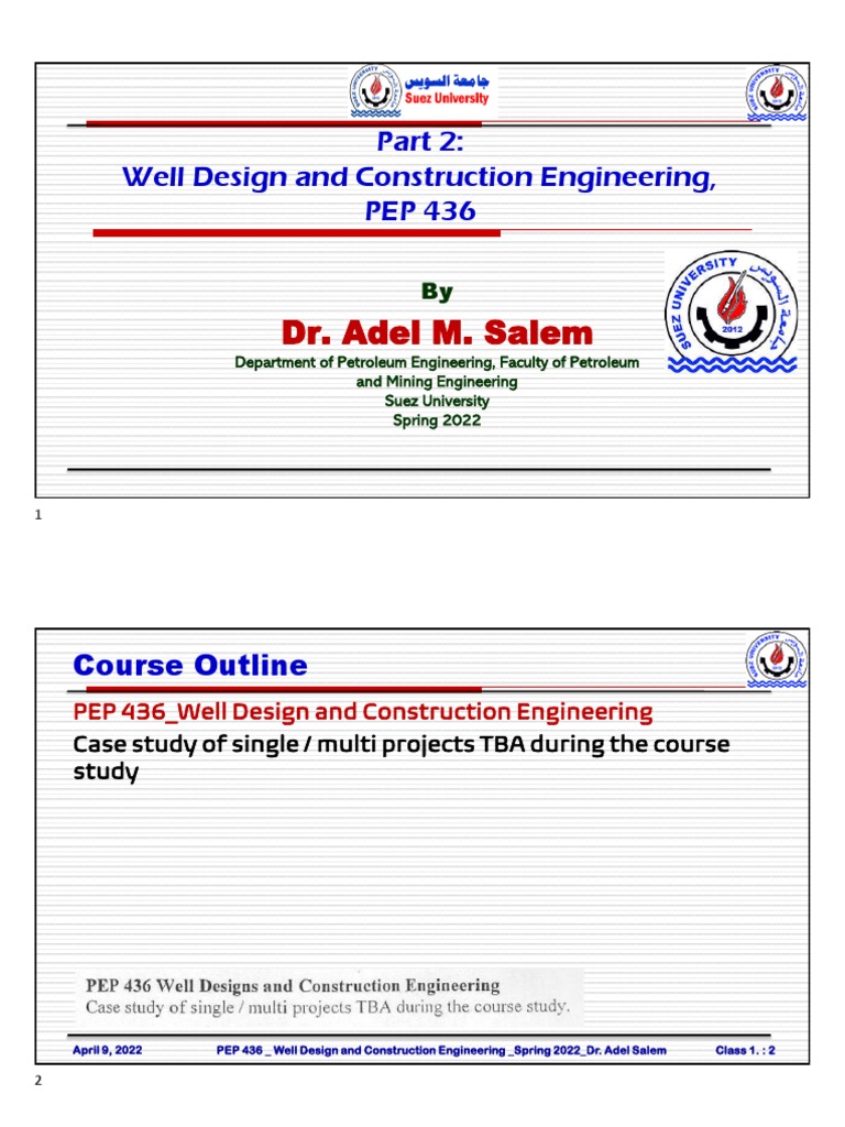 Class 1 - Well Design - PEP 436 - Dr. Adel Salem | PDF