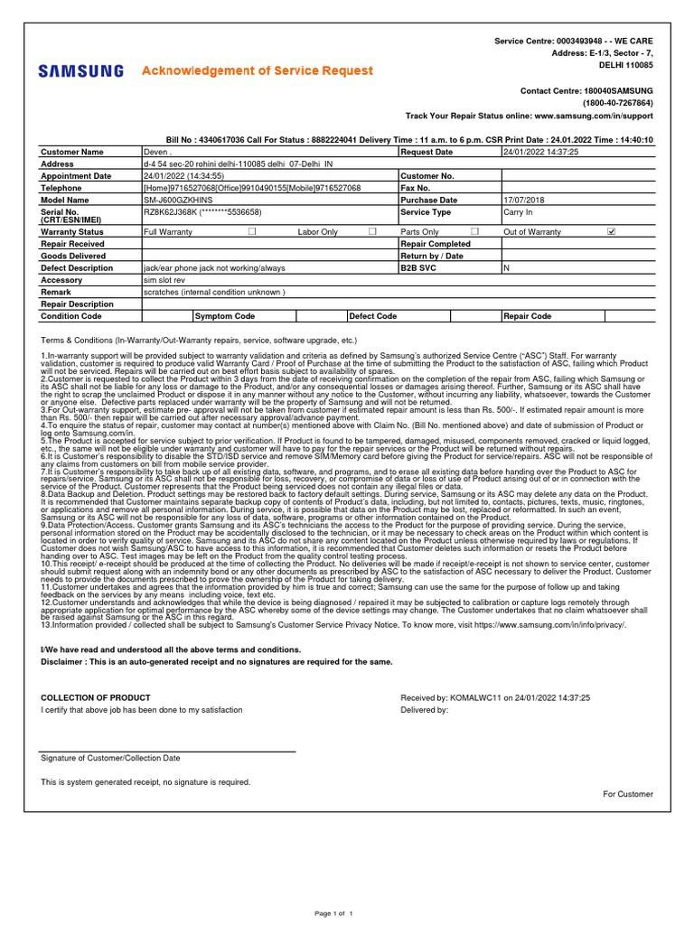 Samsung Service Receipt Details | PDF | Backup | Computing