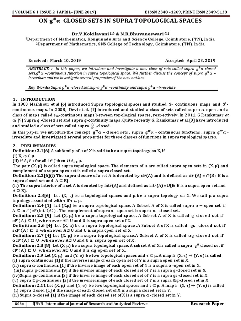 Closed Sets in Supra Topological Spaces: Dr.V.Kokilavani & N.R.Bhuvaneswari | PDF | Continuous ...