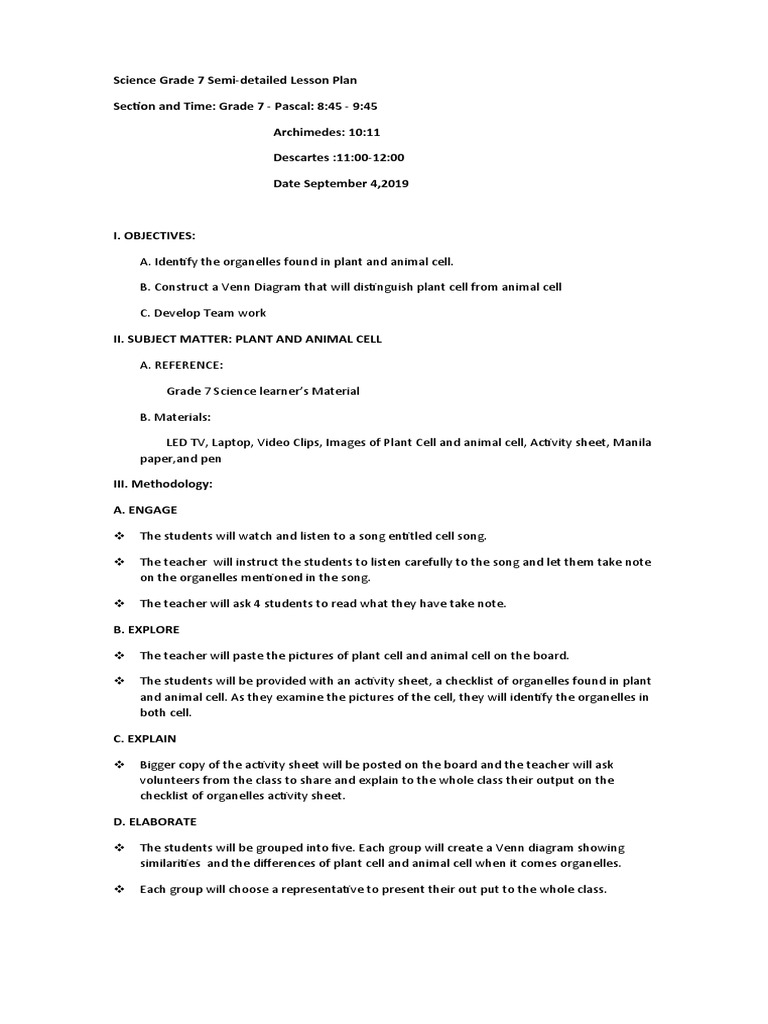 Lesson Plan On Plant and Anmal Cell | PDF | Cell (Biology) | Eukaryotes