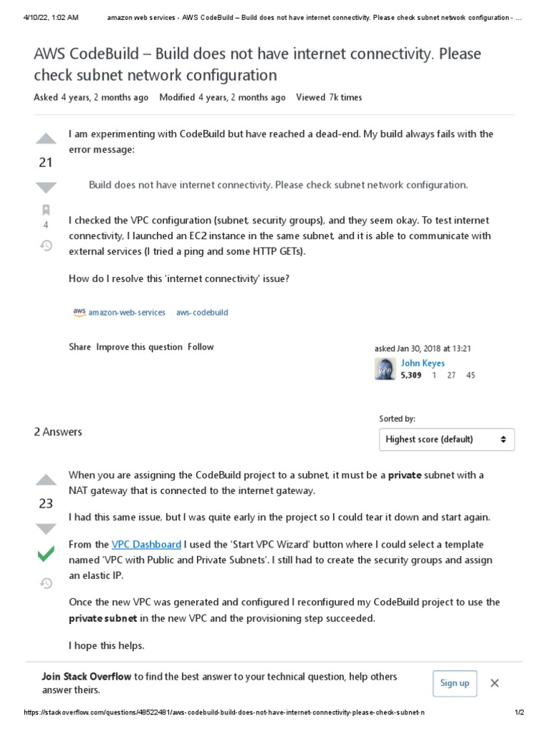 Amazon Web Services - AWS CodeBuild - Build Does Not Have Internet Connectivity. Please Check ...