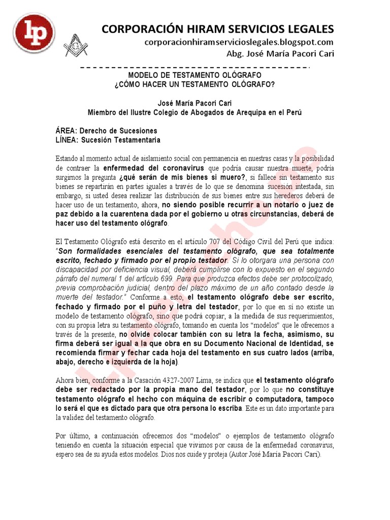 Modelo de Testamento Olografo LP | PDF | Voluntad y testamento | Justicia