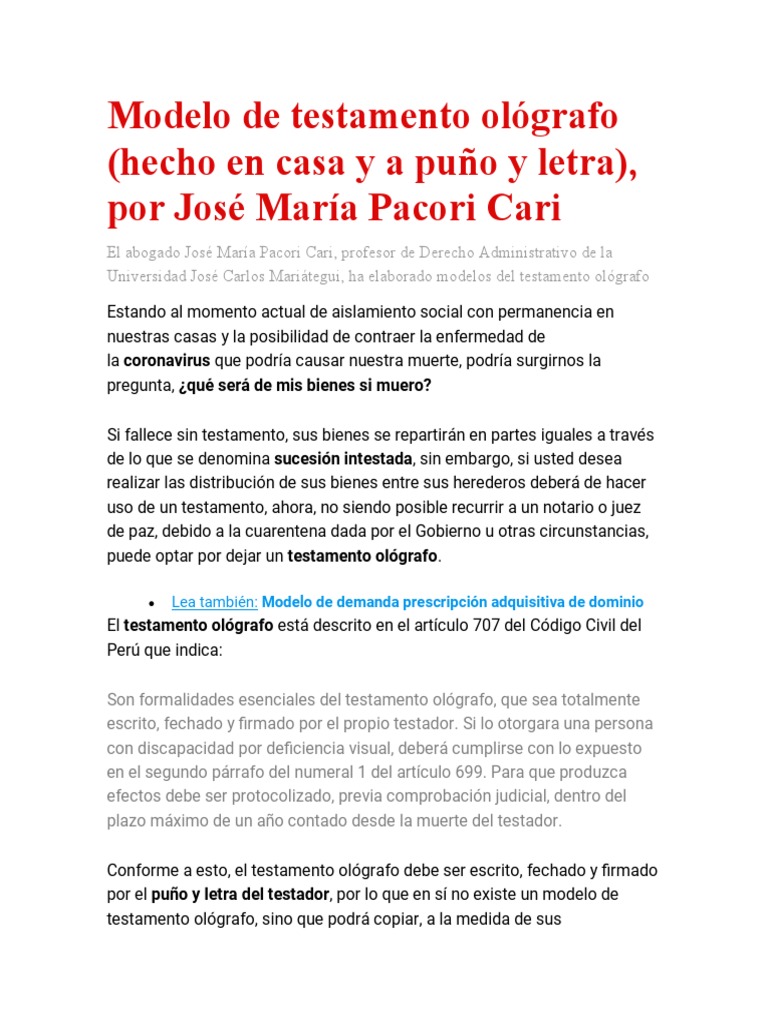 Modelo de Testamento Ológrafo | Descargar gratis PDF | Voluntad y ...