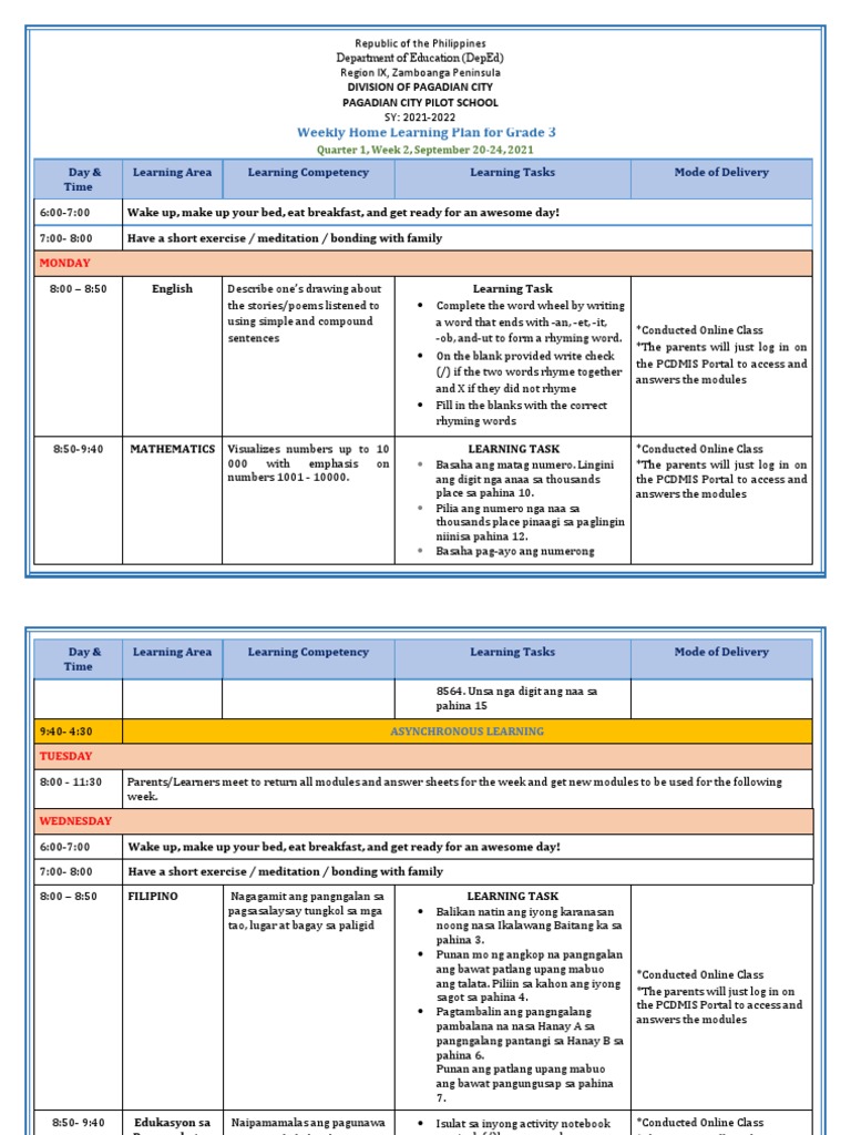 Weekly Home Learning Plan For Grade 3: Time Learning Area Learning Competency Learning Tasks ...