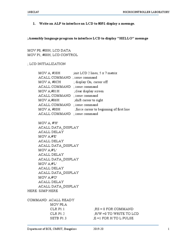 Write An ALP To Interface An LCD To 8051 Display A Message | PDF | Computer Architecture ...