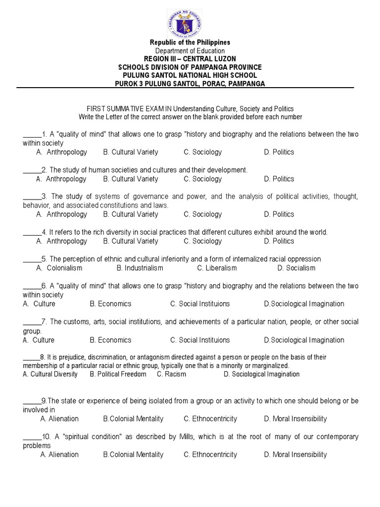 First Quarter Summative Exam in Ucsp 2122 | PDF | Socialization | Society First Quarter Summative Exam in Ucsp 2122 | PDF | Socialization | Society