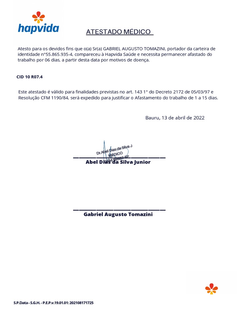 Atestado Médico: CID 10 R07.4 | PDF