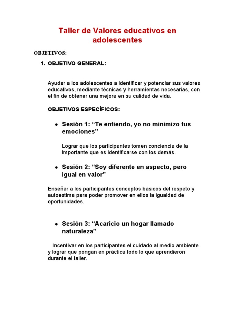 Taller de Valores Educativos en Adolescentes | PDF
