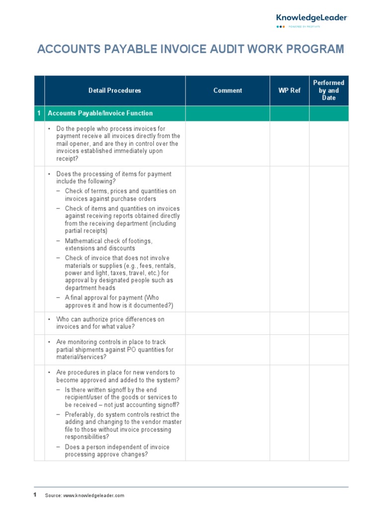 Accounts Payable Invoice Audit Work Program | PDF | Accounts Payable | Invoice