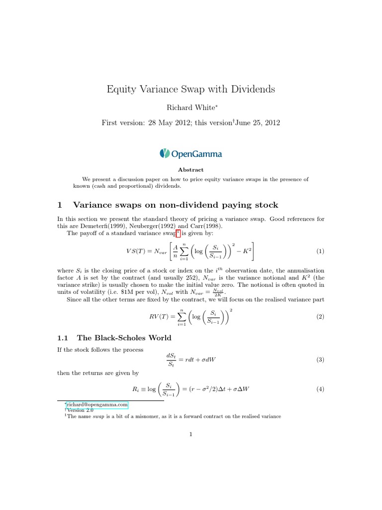 Equity Variance Swaps With Dividends OpenGamma | PDF | Option (Finance) | Implied Volatility