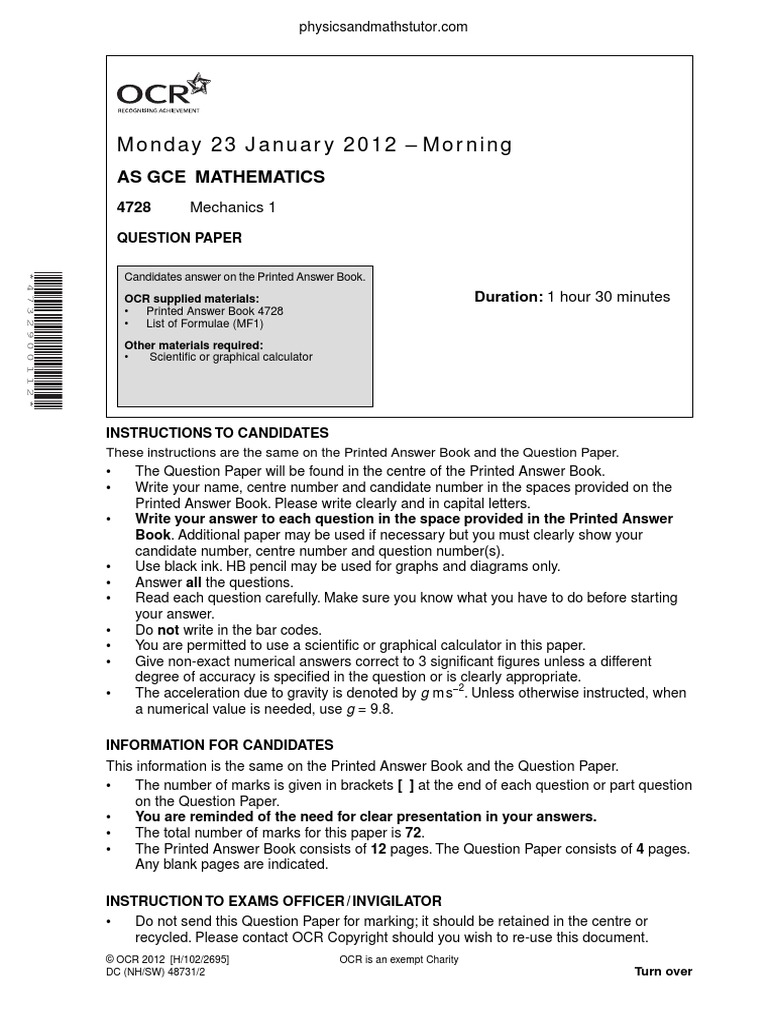 January 2012 QP - M1 OCR | PDF | Acceleration | Force