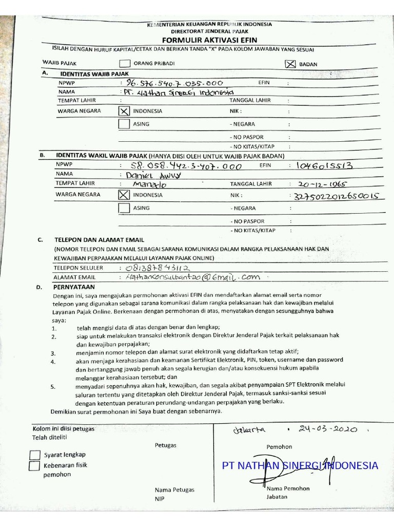 Formulir Aktivasi Efin Word - Form example download