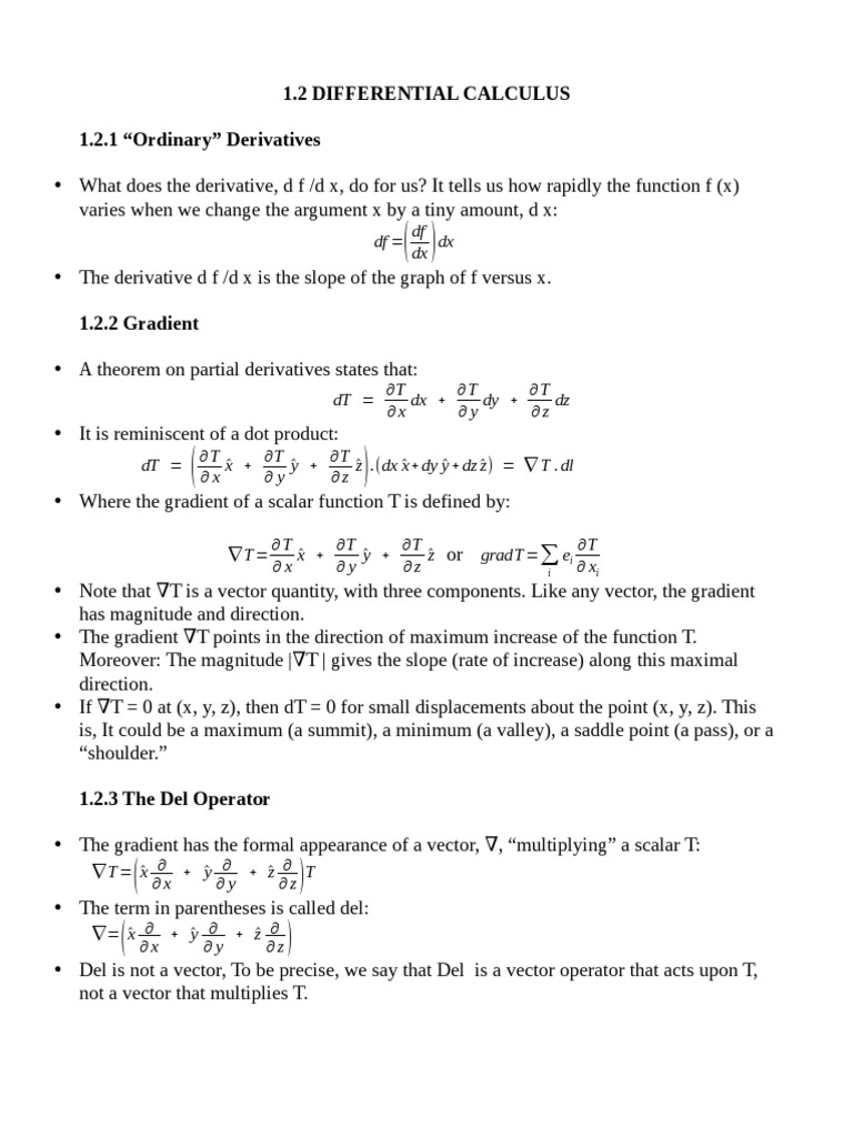 1.2 Differential Calculus 1.2.1 "Ordinary" Derivatives: DF DF DX DX ...