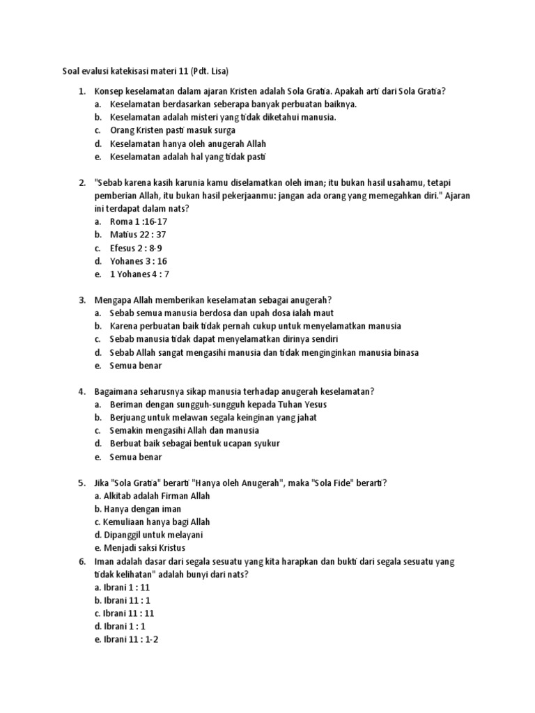 Soal Evaluasi Katekisasi Materi 11 | PDF