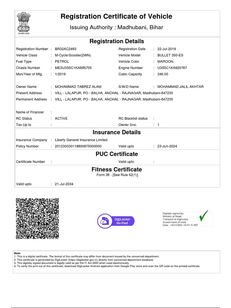 Registration Certificate of Vehicle: Issuing Authority: Madhubani ...