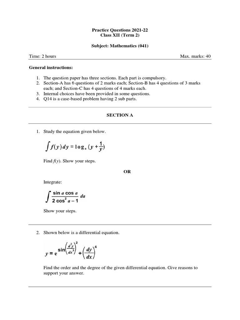 Practice Questions 2021-22 Class XII (Term 2) Subject: Mathematics ...